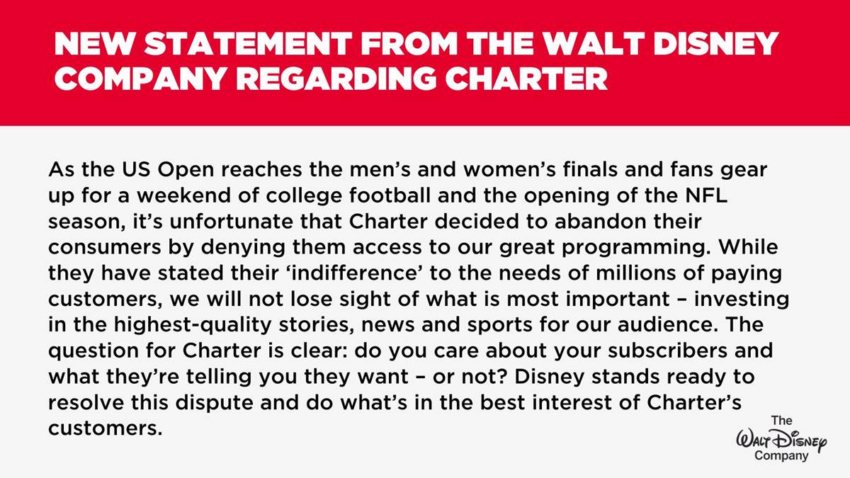 Disney Shares Another Statement Regarding Ongoing Charter/Spectrum ...