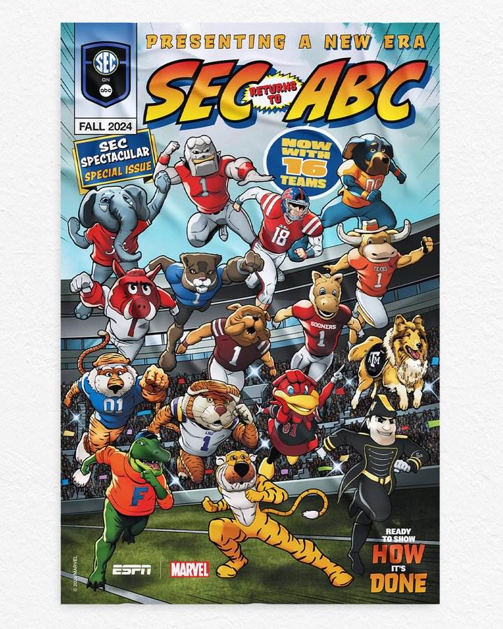 The SEC on ABC New Era Poster Debuted With Marvel Themes for Mascots ...