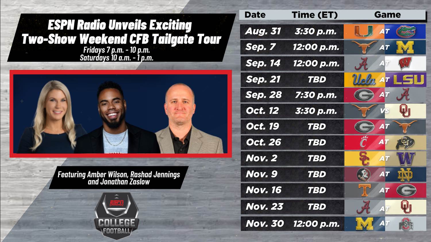 ESPN Radio Unveils Two-Show Weekend CFB Tailgate Tour Starting 8/31 ...